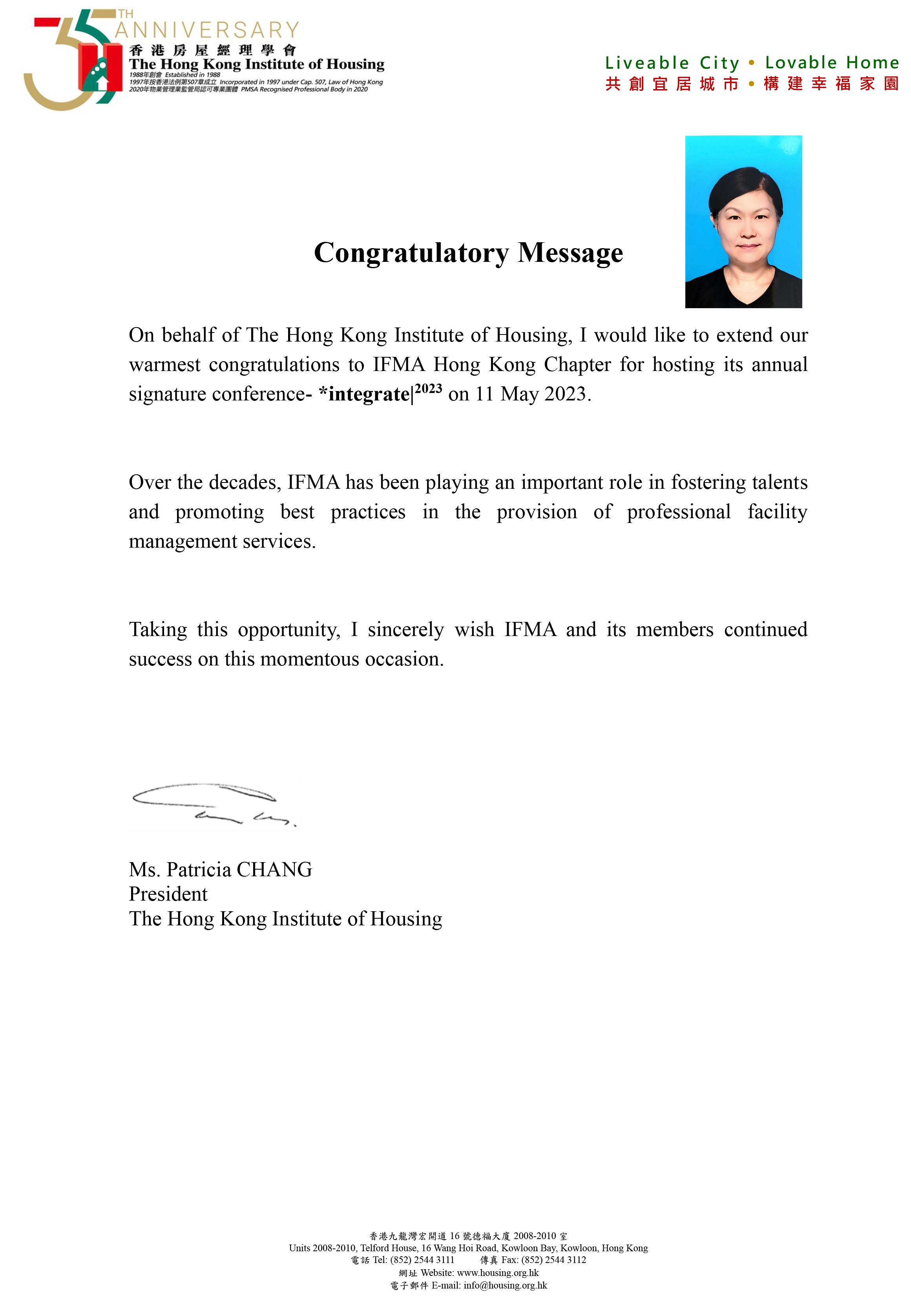 congratulatory message | IFMA HK International Facility Management ...