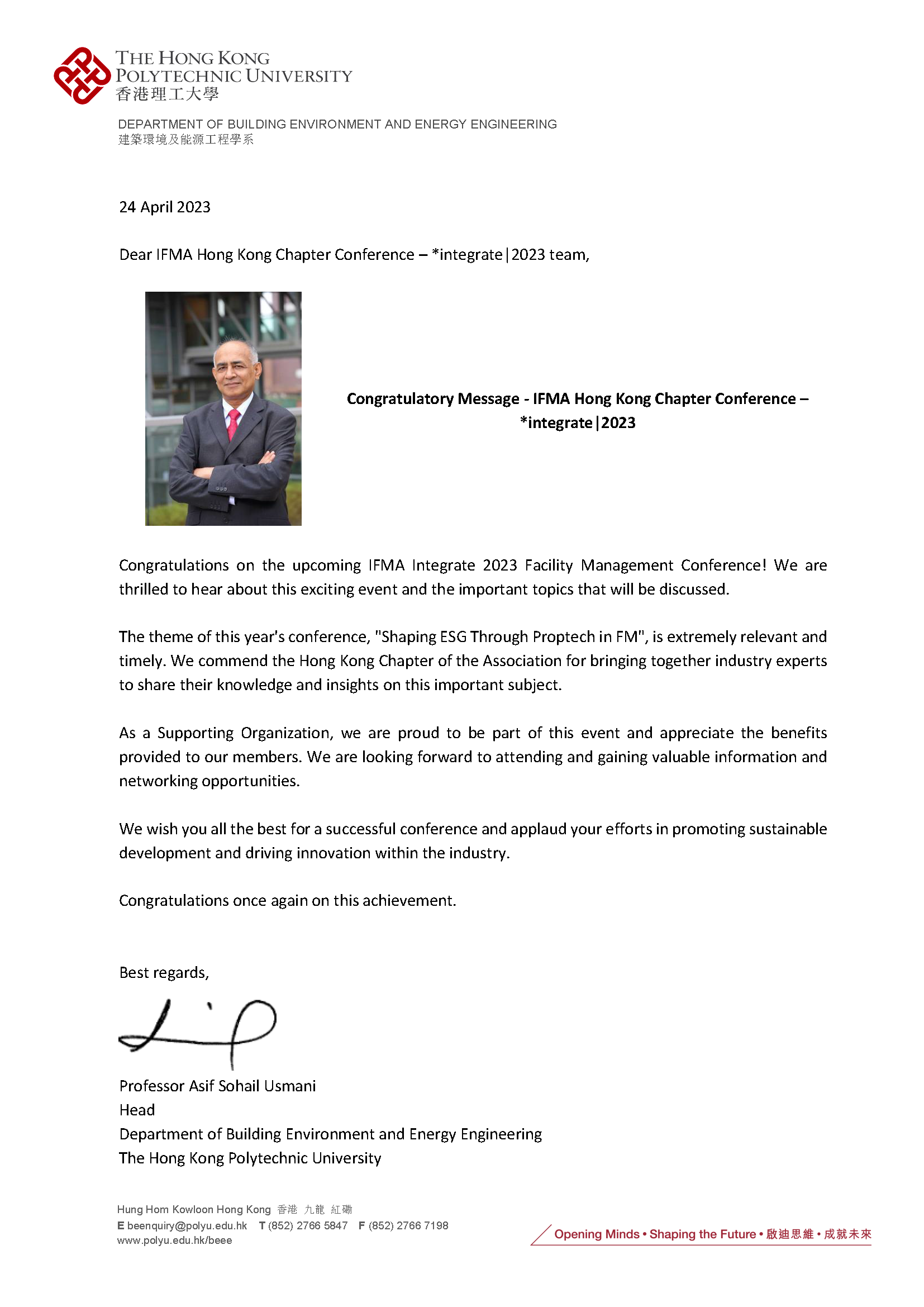 congratulatory message | IFMA HK International Facility Management ...