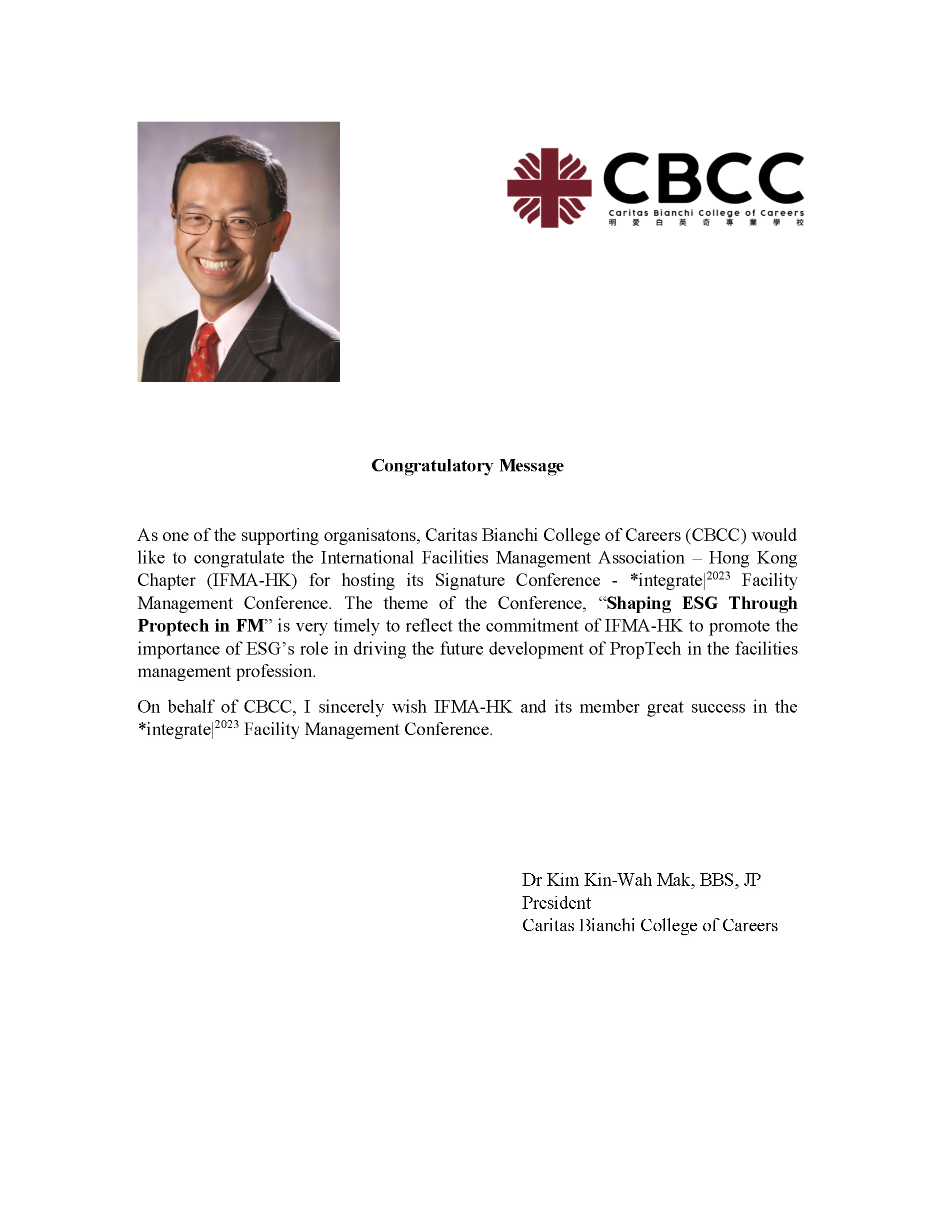 congratulatory message | IFMA HK International Facility Management ...